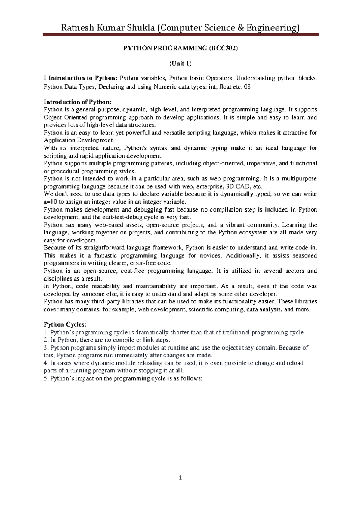 BCC302 - Unit 1: Introduction to Python Programming and Basics - Studocu