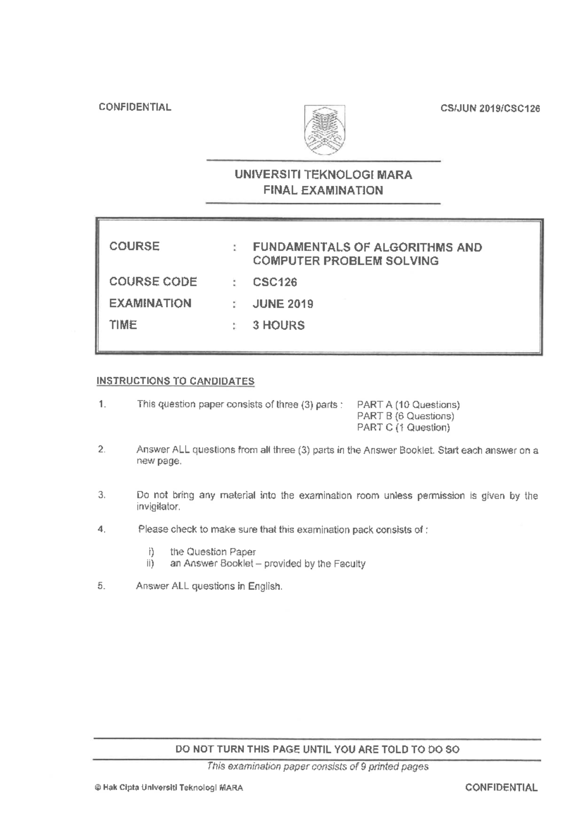 CSC126 Final Exam June 2019 - Fundamentals of Algorithms & Problem Solving - Studocu