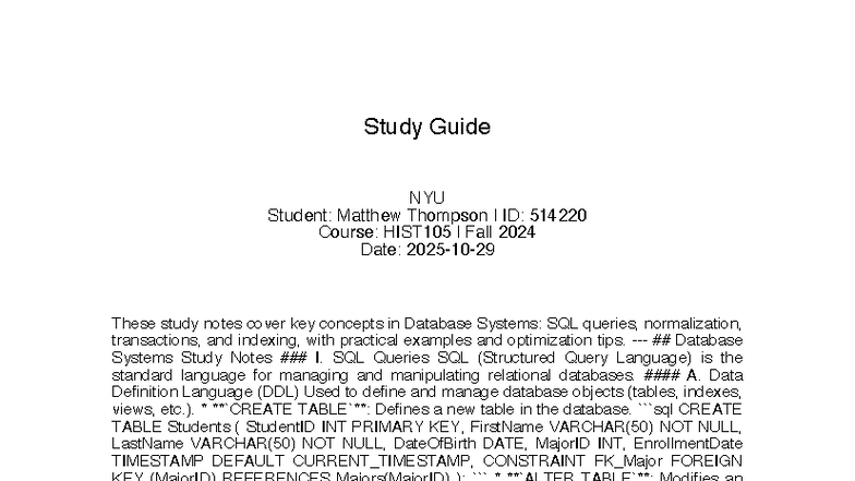 HIST105 Fall 2024: Database Systems Study Notes and Key Concepts - Studocu
