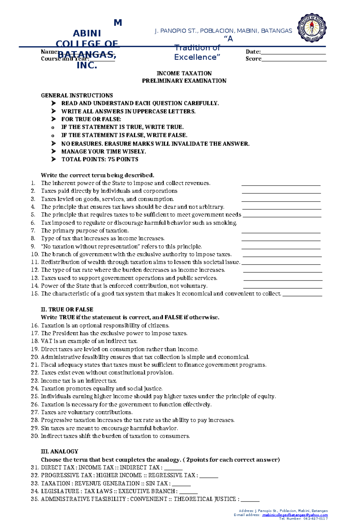 Income Taxation Preliminary Exam (MABINI COLLEGE) - Studocu