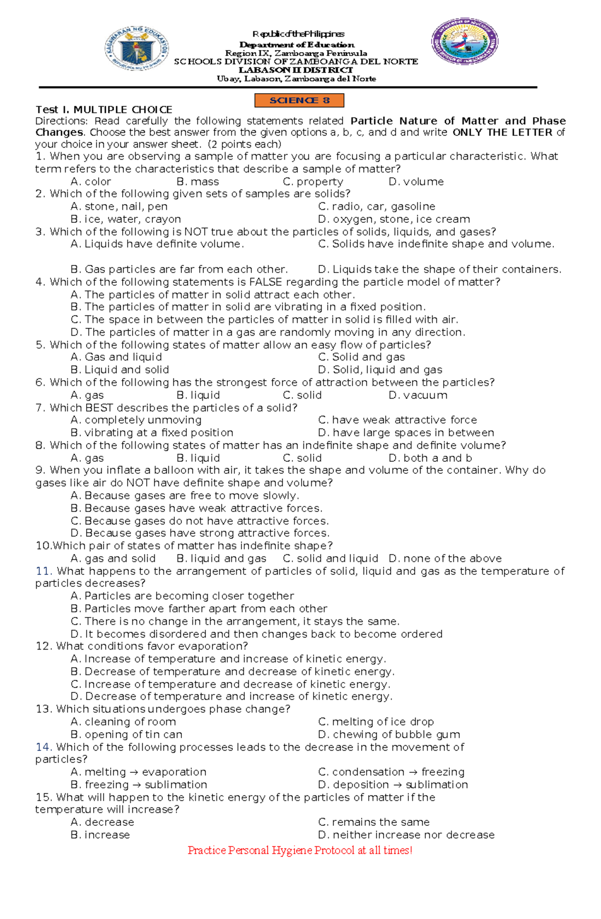 Particle Nature OF Matter LONG TEST - Test I. MULTIPLE CHOICE ...