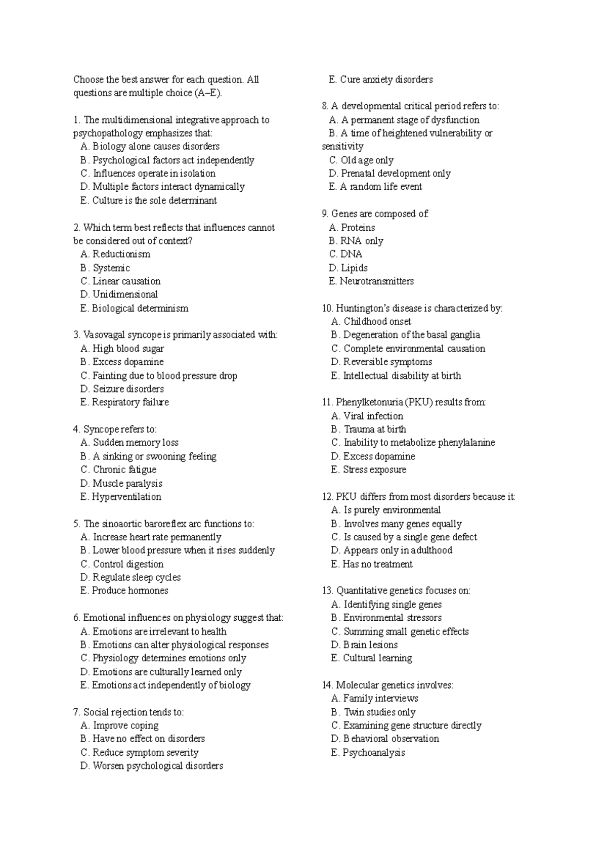 Barlow - Abnormal Psychology: Multiple Choice Questions Review - Studocu