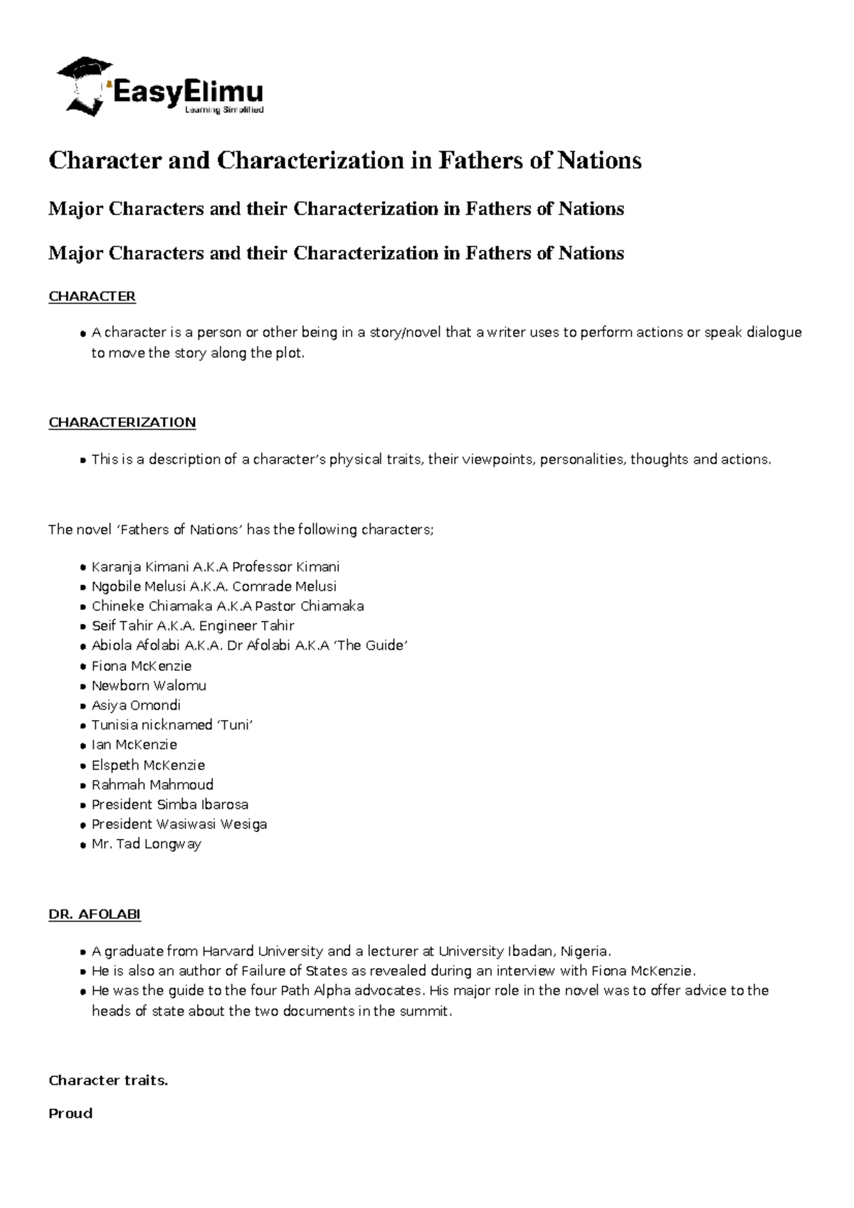 Characterization of Major Characters in "Fathers of Nations" (ENG-103 ...