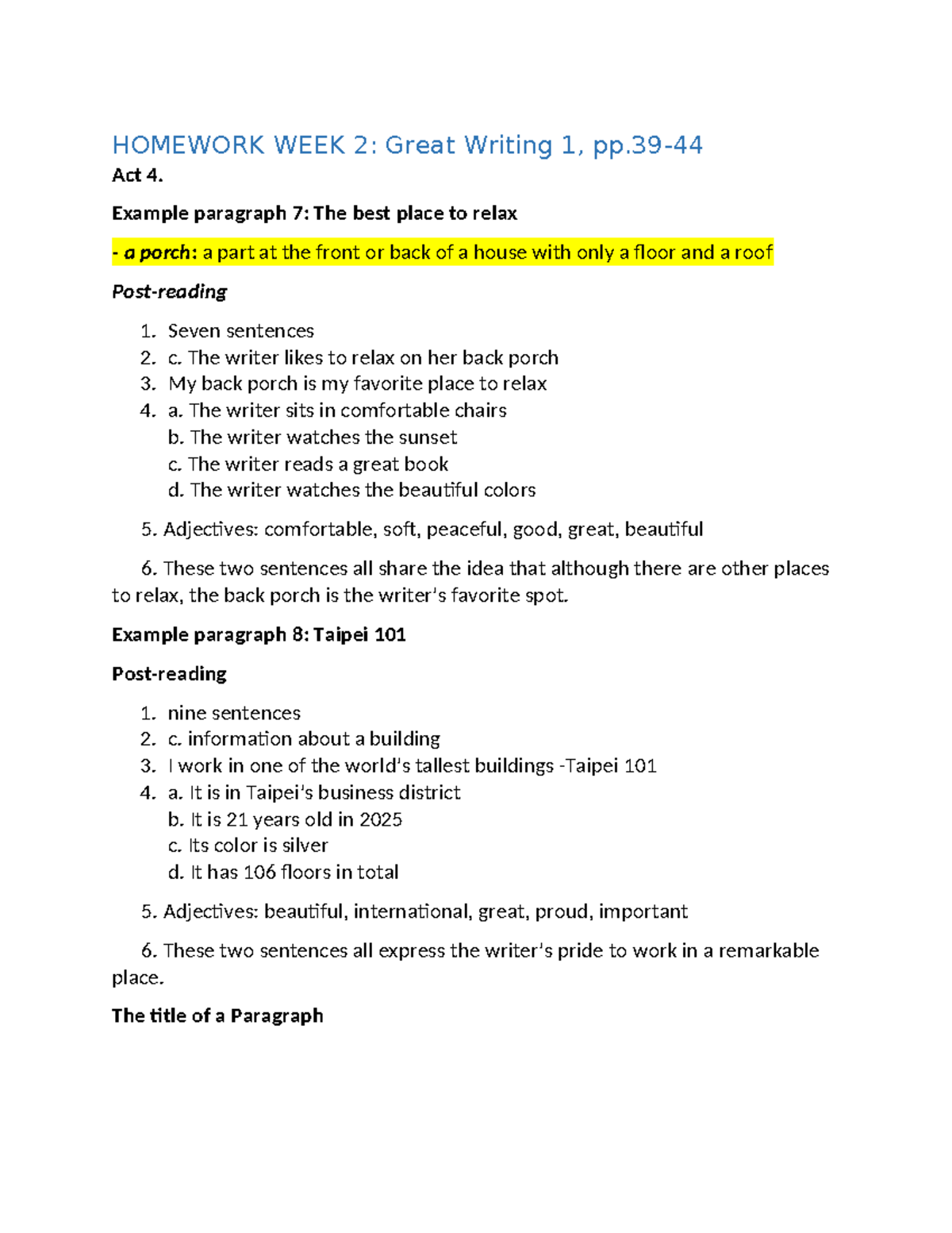 HOMEWORK WEEK 2: Great Writing 1, Example Paragraphs and Exercises ...