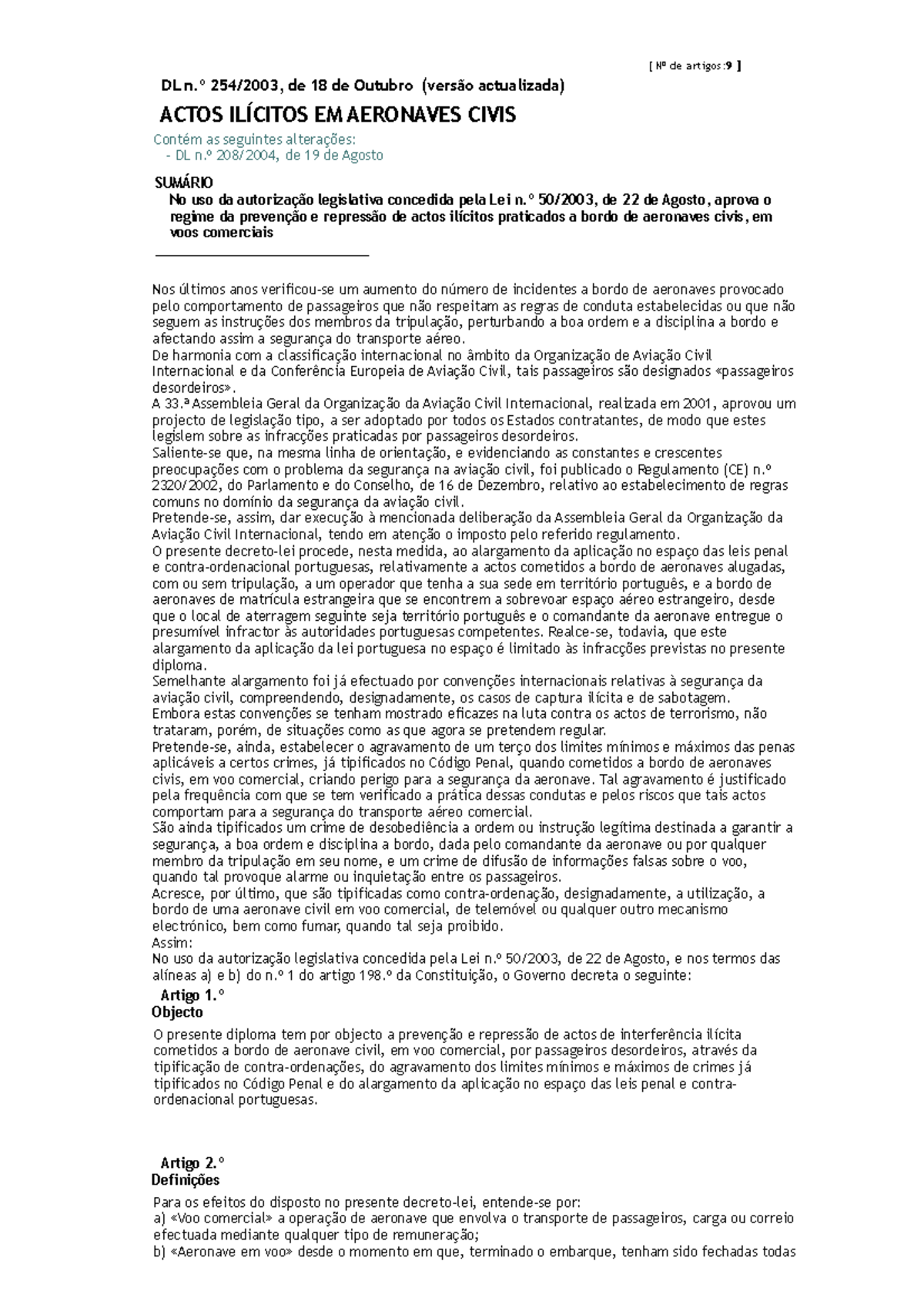 DL n.º 254/2003: Actos Ilícitos em Aeronaves Civis - Atualizações e ...
