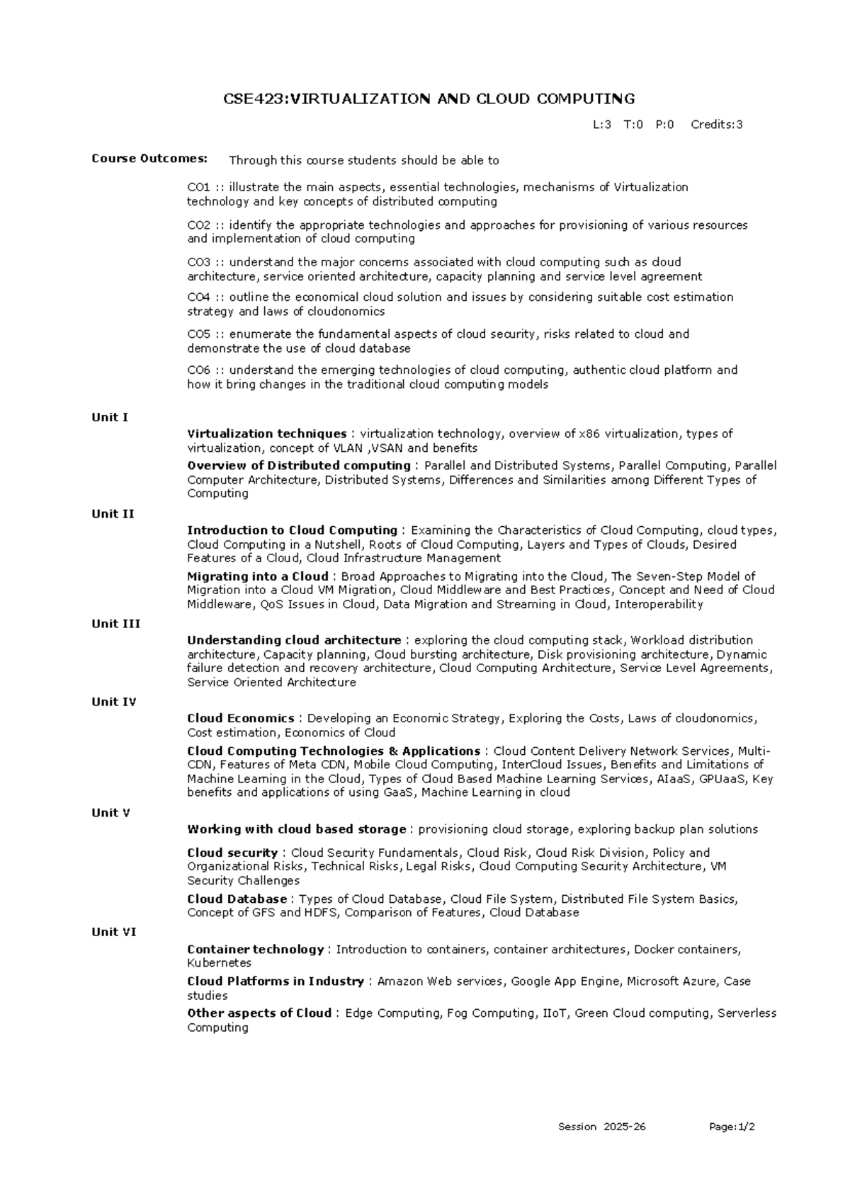 CSE423: Virtualization & Cloud Computing Course Syllabus - Studocu