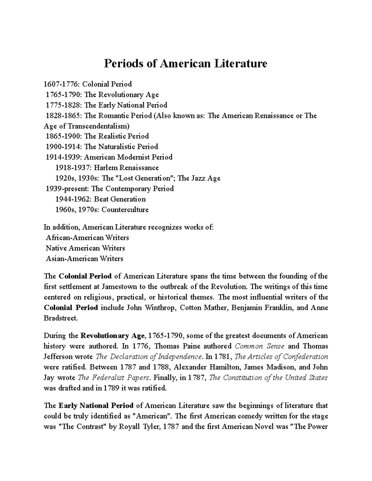 Periods of American Literature: Colonial to Contemporary Overview - Studocu