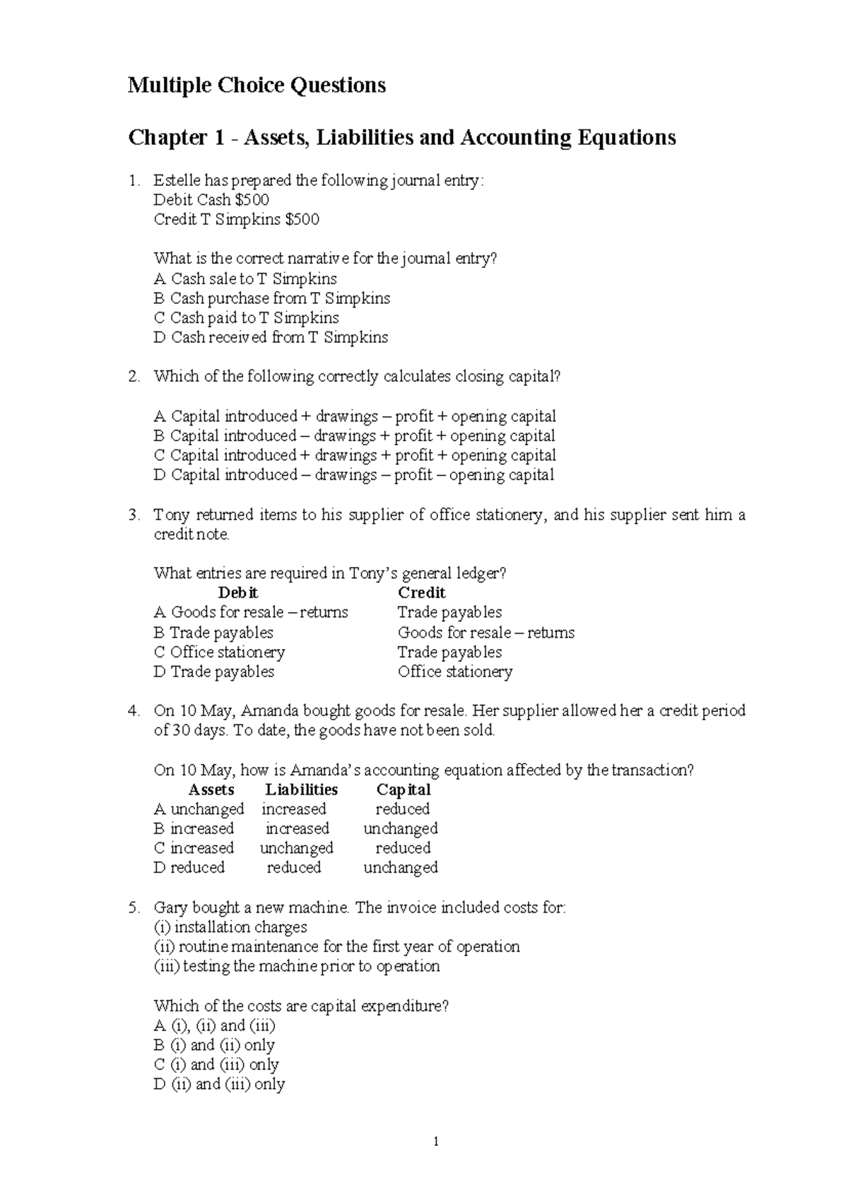 Practice FA2 EDC EFC - Multiple Choice Questions Chapter 1 - Assets ...