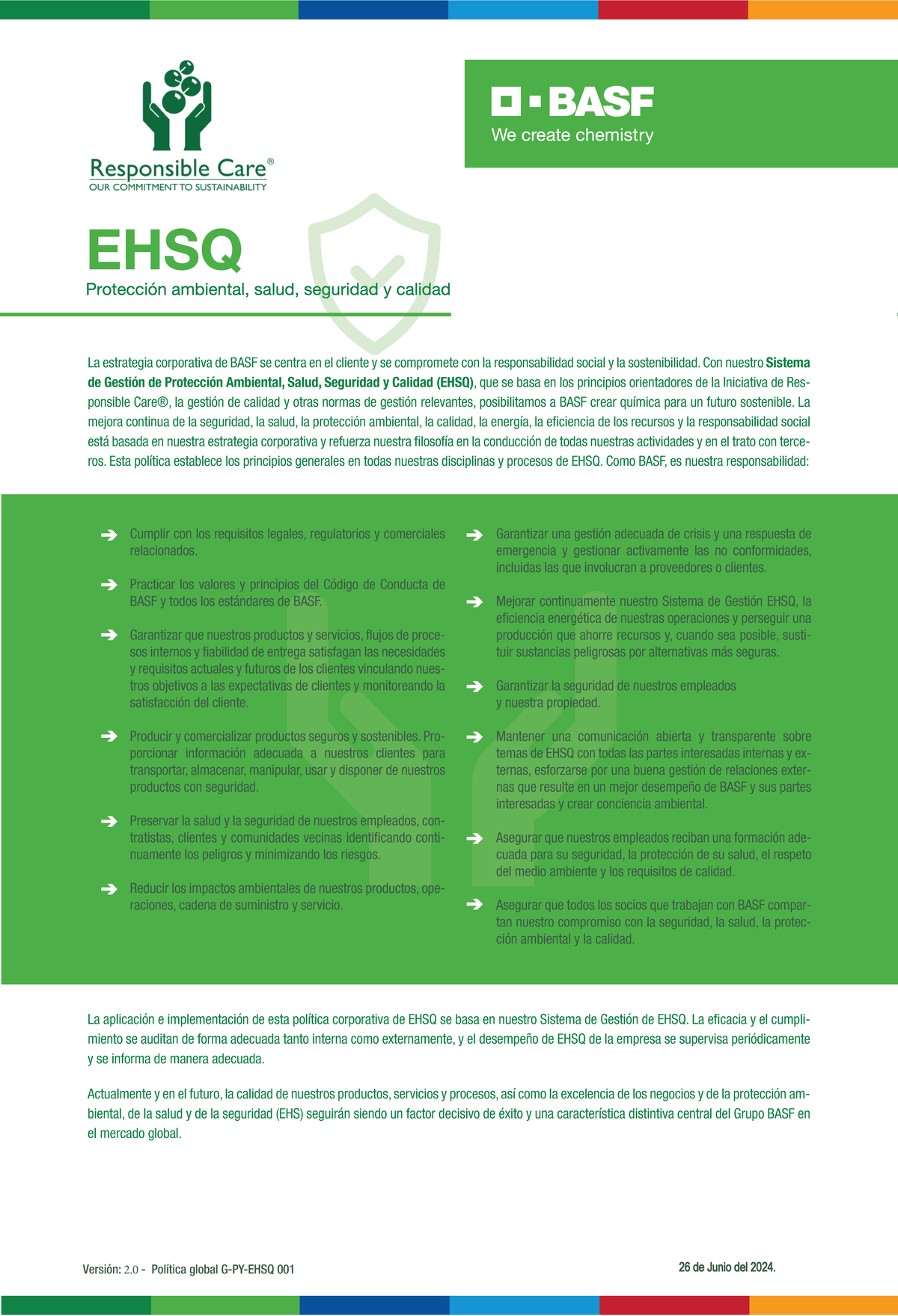 Política EHSQ de BASF: Compromiso con Sostenibilidad y Seguridad - Studocu
