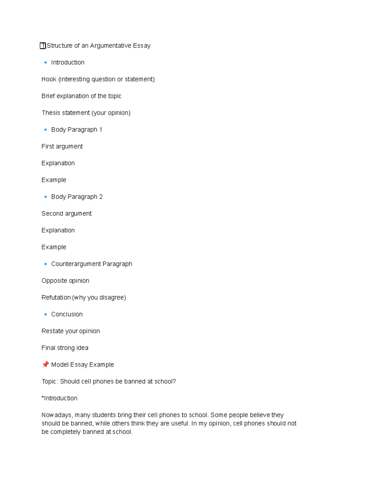 Argumentative Essay Structure: Should Cell Phones Be Banned? - Studocu