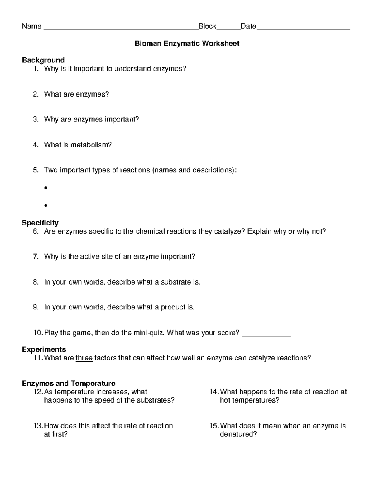 Bioman Enzymatic Worksheet: Understanding Enzymes & Reactions - Studocu