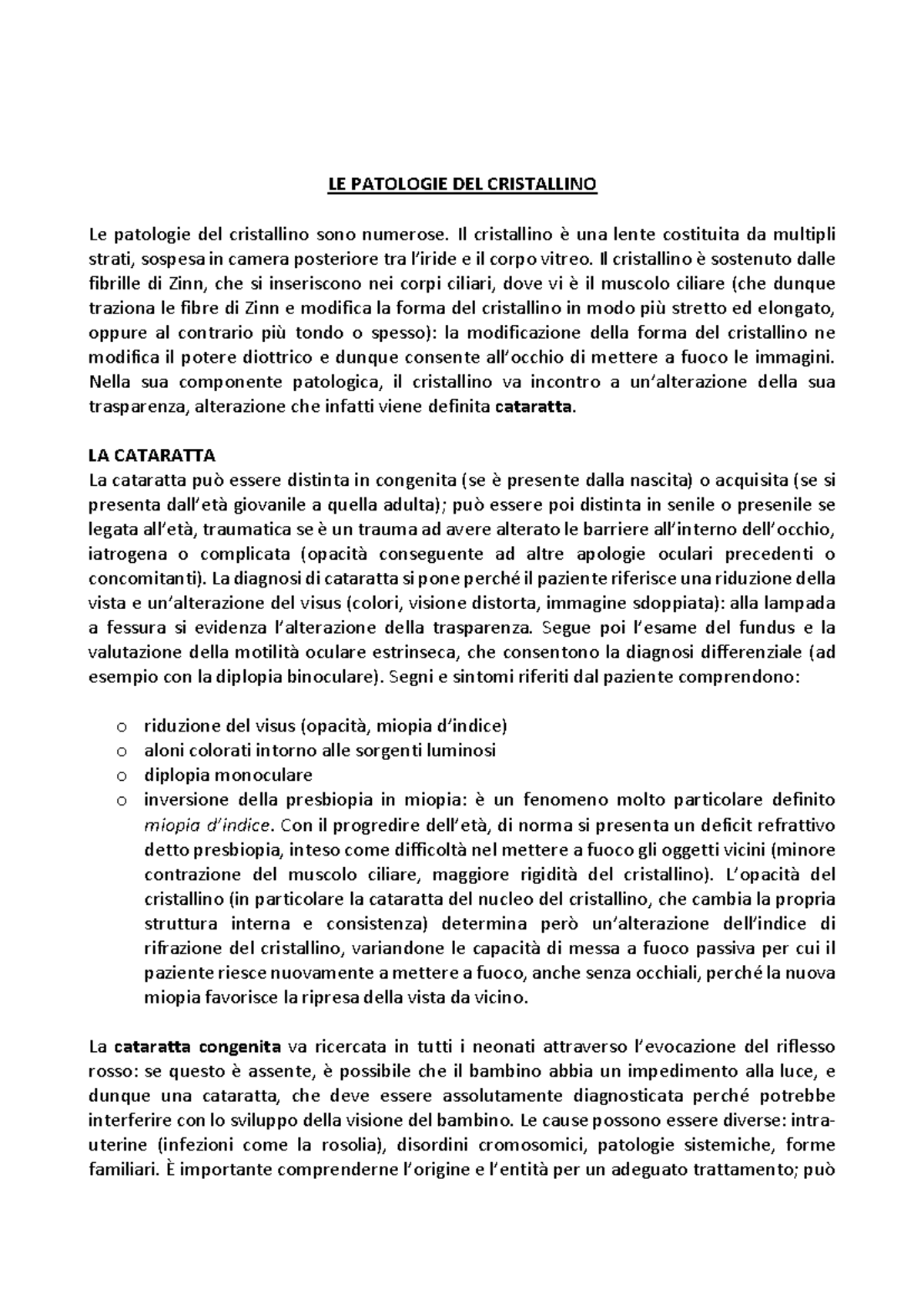 Patologie del Cristallino e Cataratta - Lezioni di Oftalmologia - Studocu