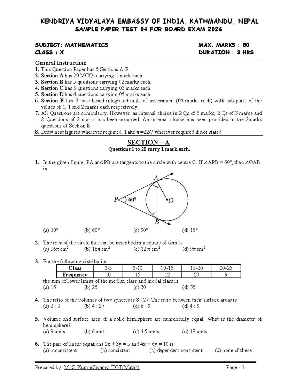 Maths Class X Sample Paper Test 04 for Board Exam 2026 - Studocu