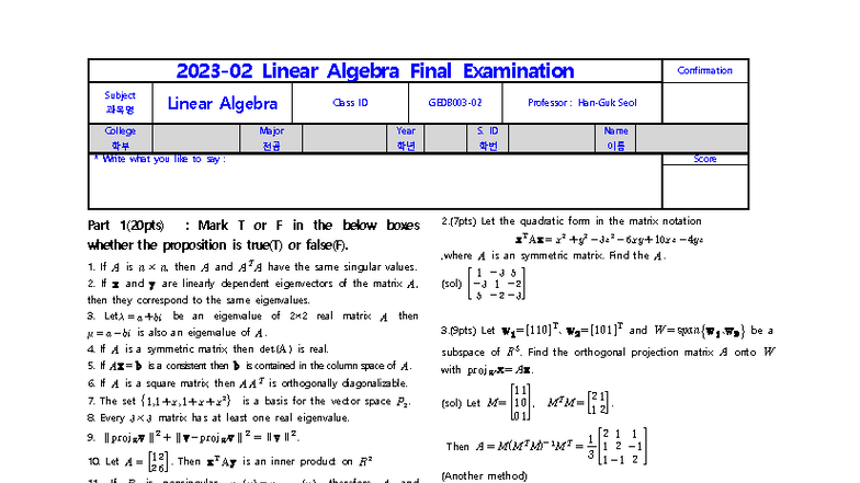 Linear Algebra 23-2 Final Exam Review and Solutions - Studocu
