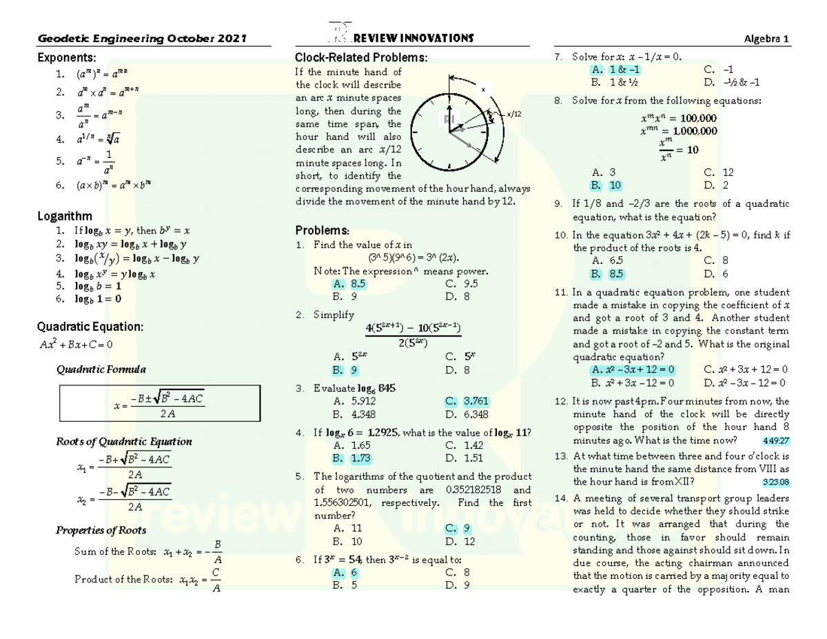 College Algebra 1: Review of Exponents, Logarithms, and Quadratics ...