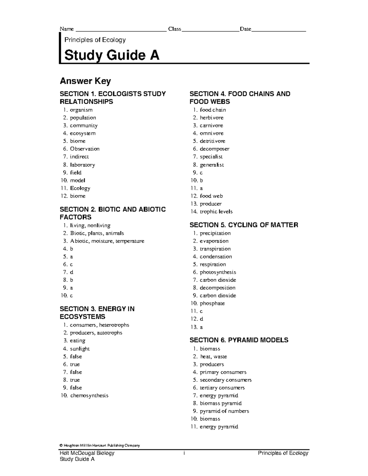 Holt McDougal Biology 1: Principles of Ecology Study Guide A - Studocu