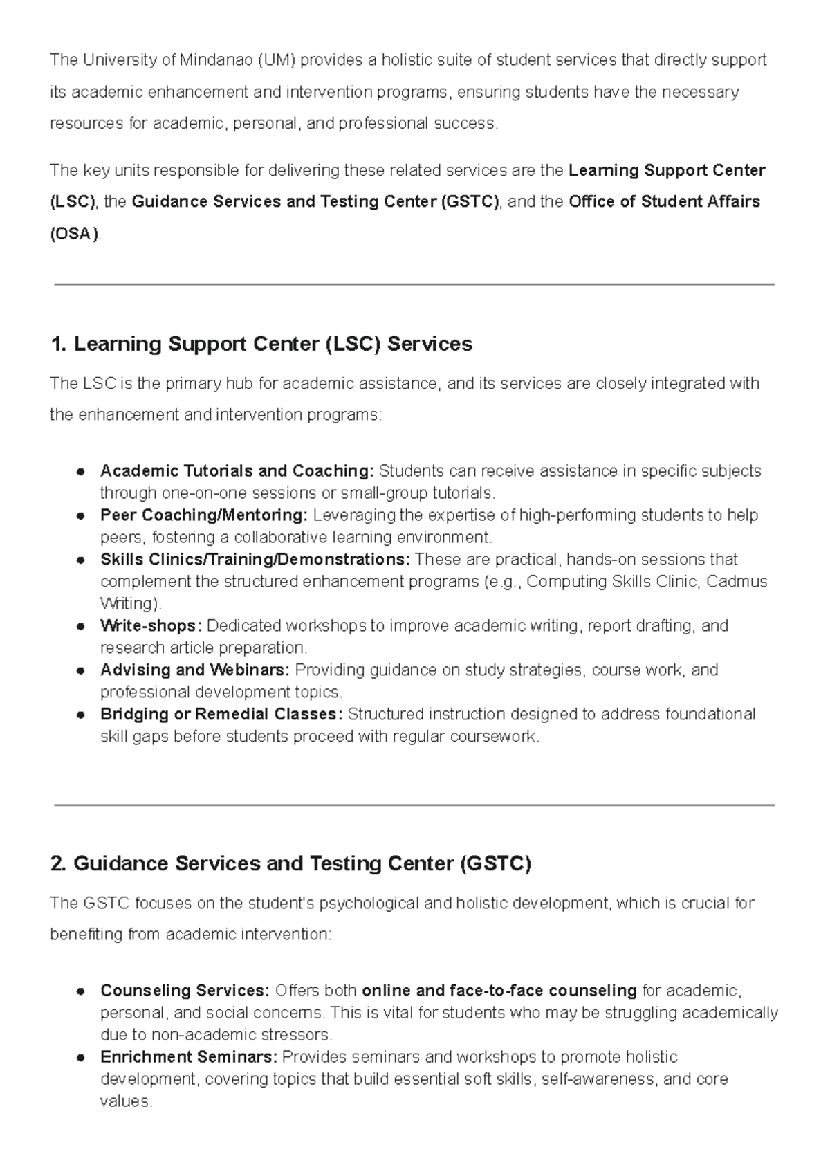 UM Student Services Overview: LSC & GSTC Support Programs - Studocu