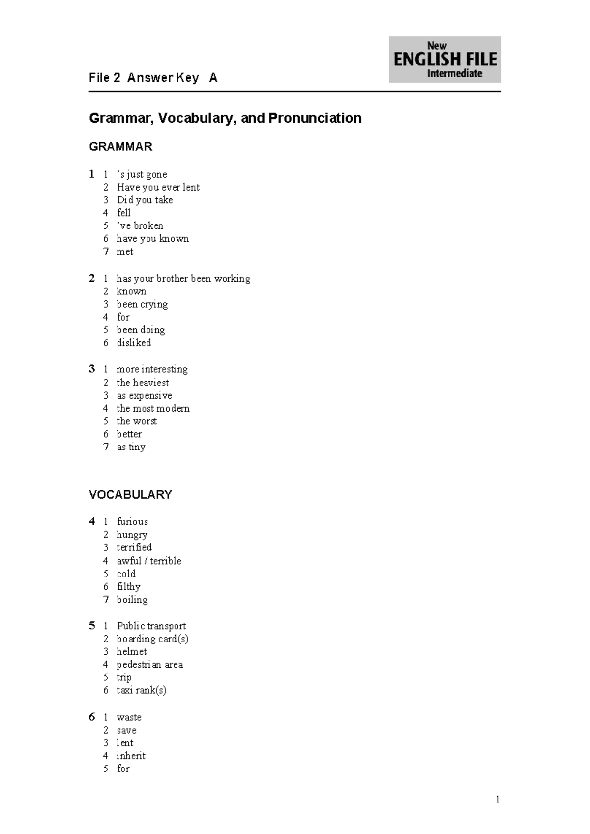 New Engl. File 2A & 2B Answer Key: Grammar, Vocabulary, Pronunciation ...