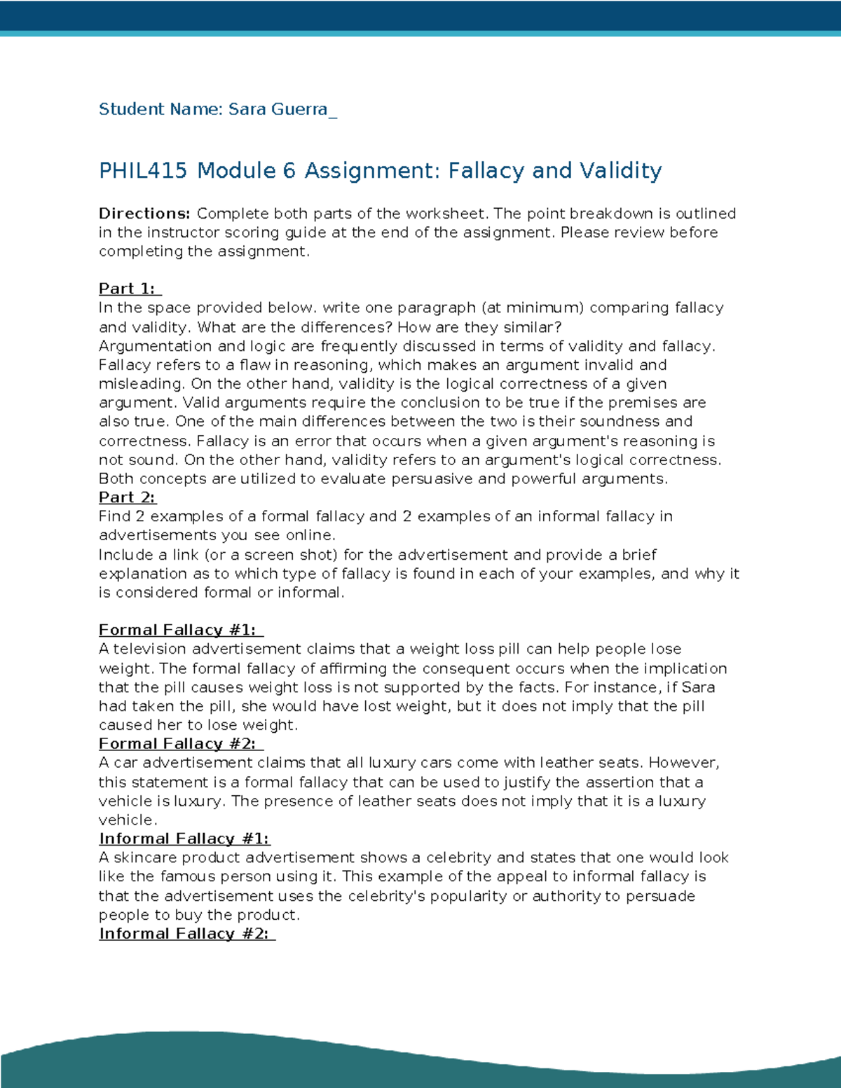 PHIL415 Module 6 Worksheet: Exploring Fallacy vs. Validity - Studocu