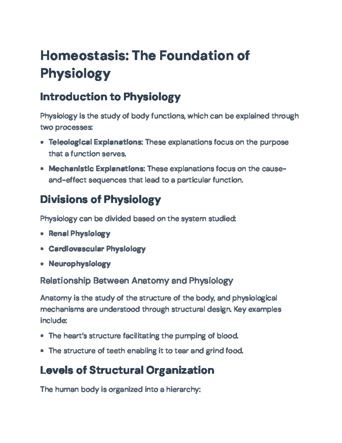 Physiology Overview: Homeostasis & Body Systems Insights - Studocu