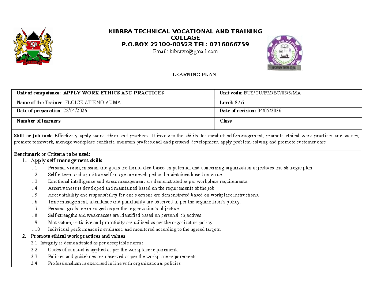 Workplace Ethics and Practices Learning Plan (Unit Code: Mod I) - Studocu