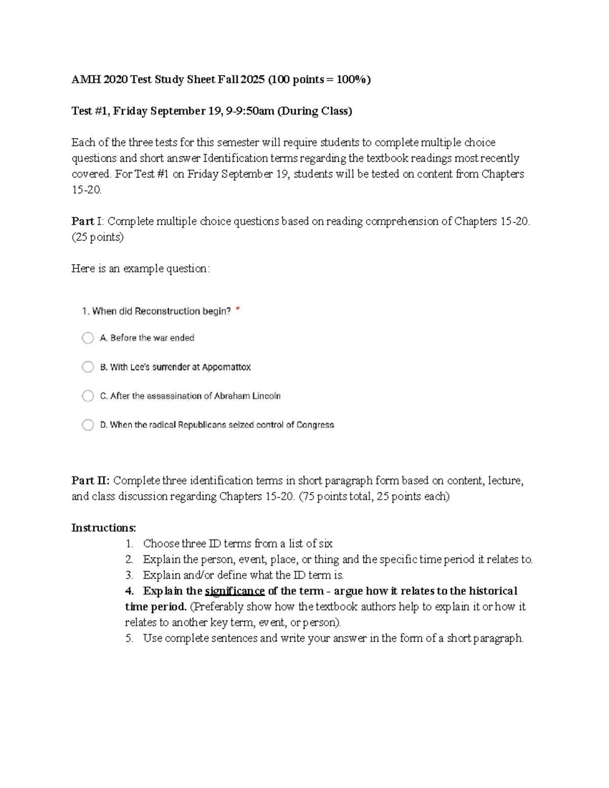 AMH 2020 Test #1 Study Sheet for Fall 2025 (Chapters 15-20) - Studocu