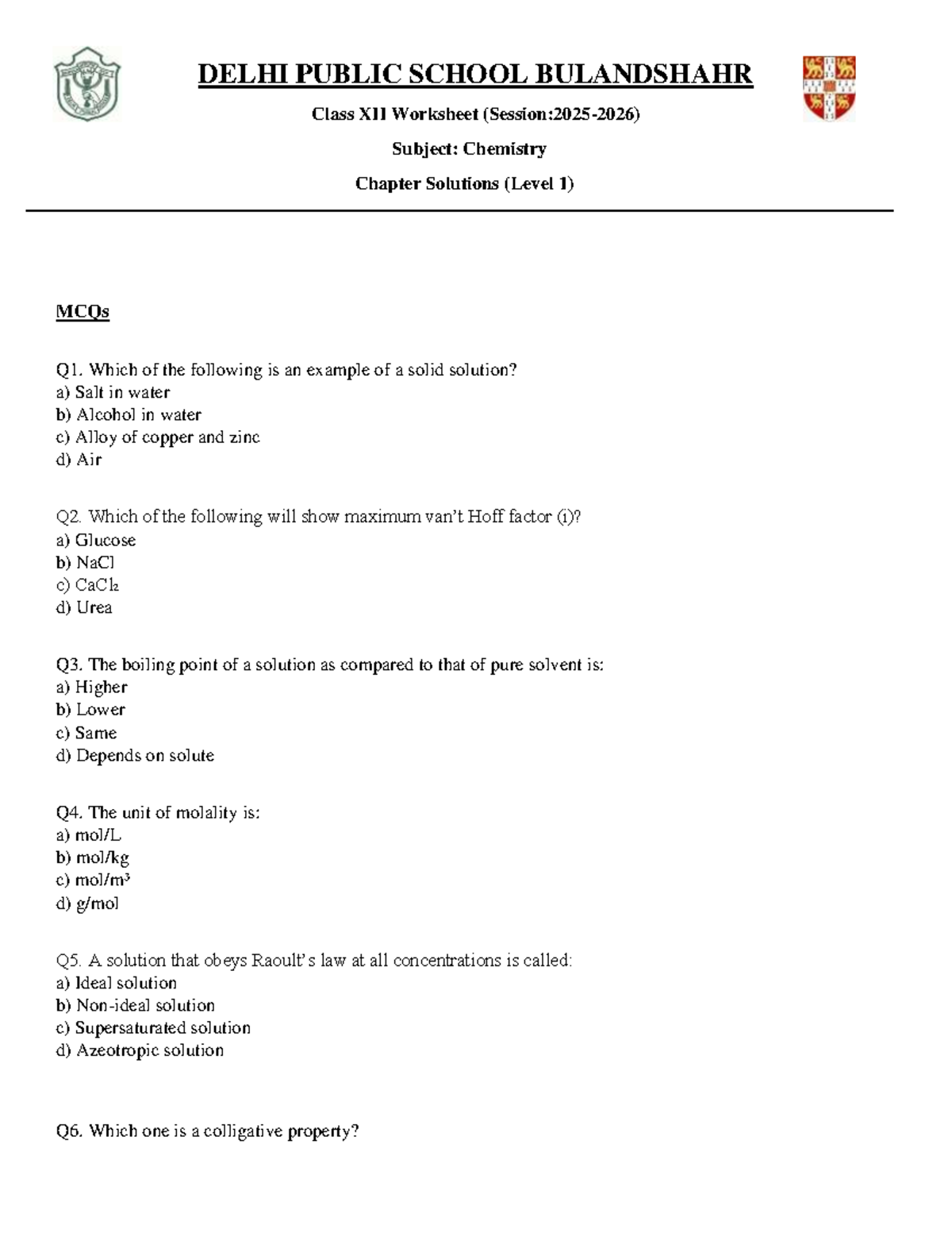 DELHI PUBLIC SCHOOL BULANDSHAHR Class XII Chemistry Worksheet ...