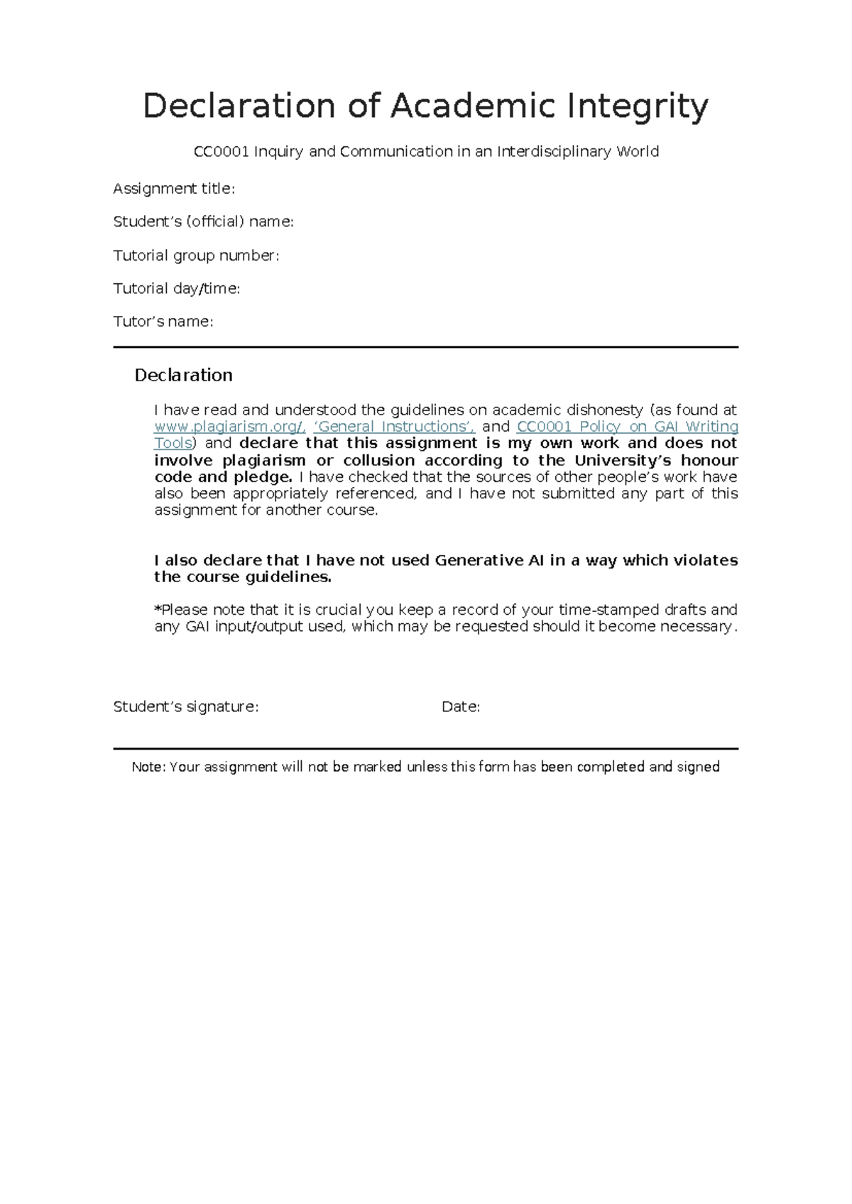 Academic Integrity Declaration for Inquiry & Communication Assignment 3 ...