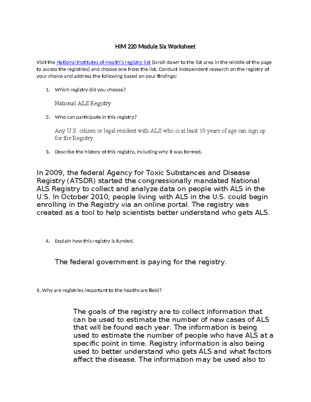 HIM 220 Module 6 Worksheet: National ALS Registry Overview - Studocu