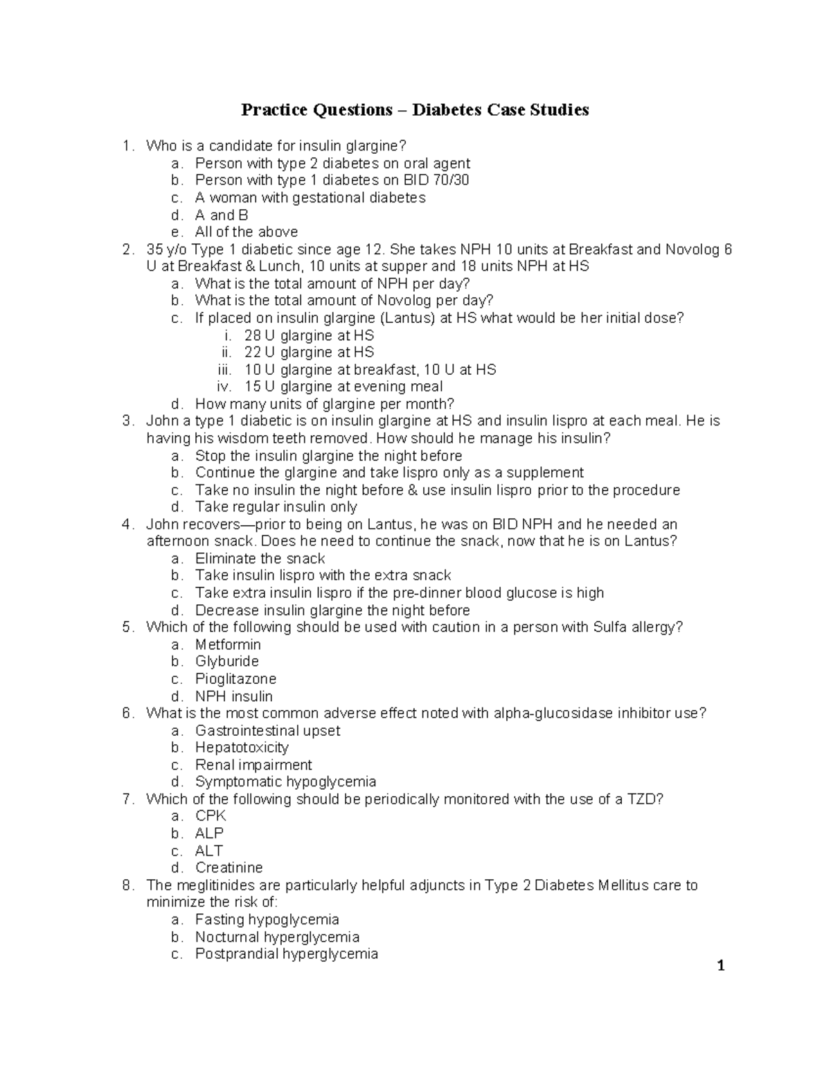 Practice Questions - Diabetes Case Studies (DS 101) - Studocu