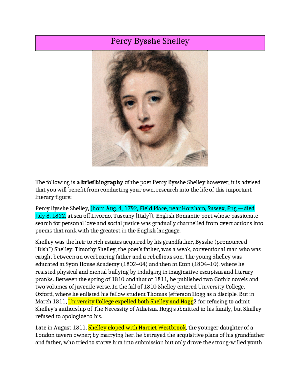 Percy Bysshe Shelley: Biography & Context of England in 1819 - Studocu