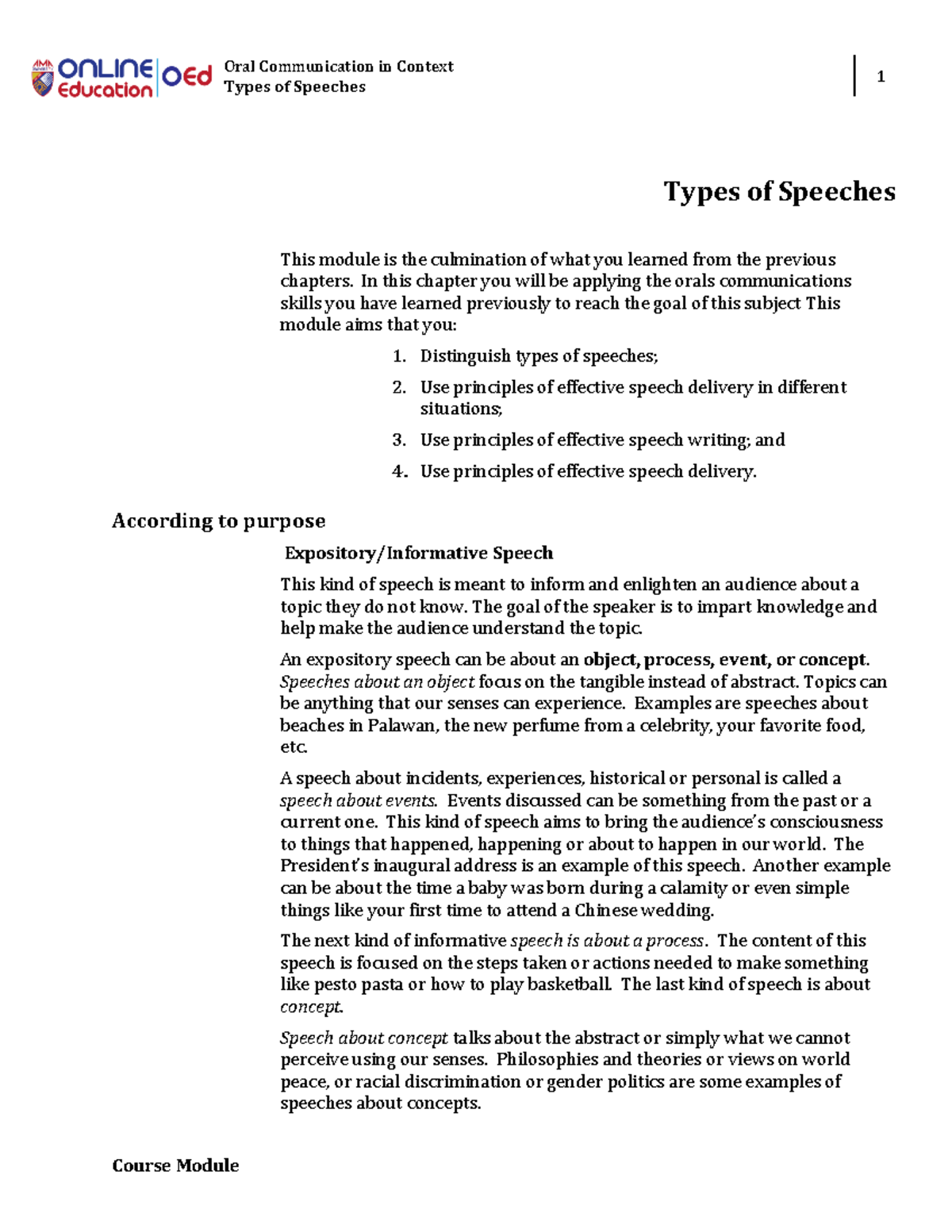 Week 018 Types of Speeches - Oral Communication in Context Types of ...