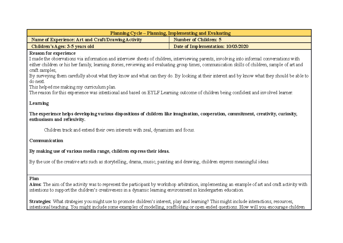 Planning Cycle Template: Art & Craft Activity for 3-5 Year Olds - Studocu