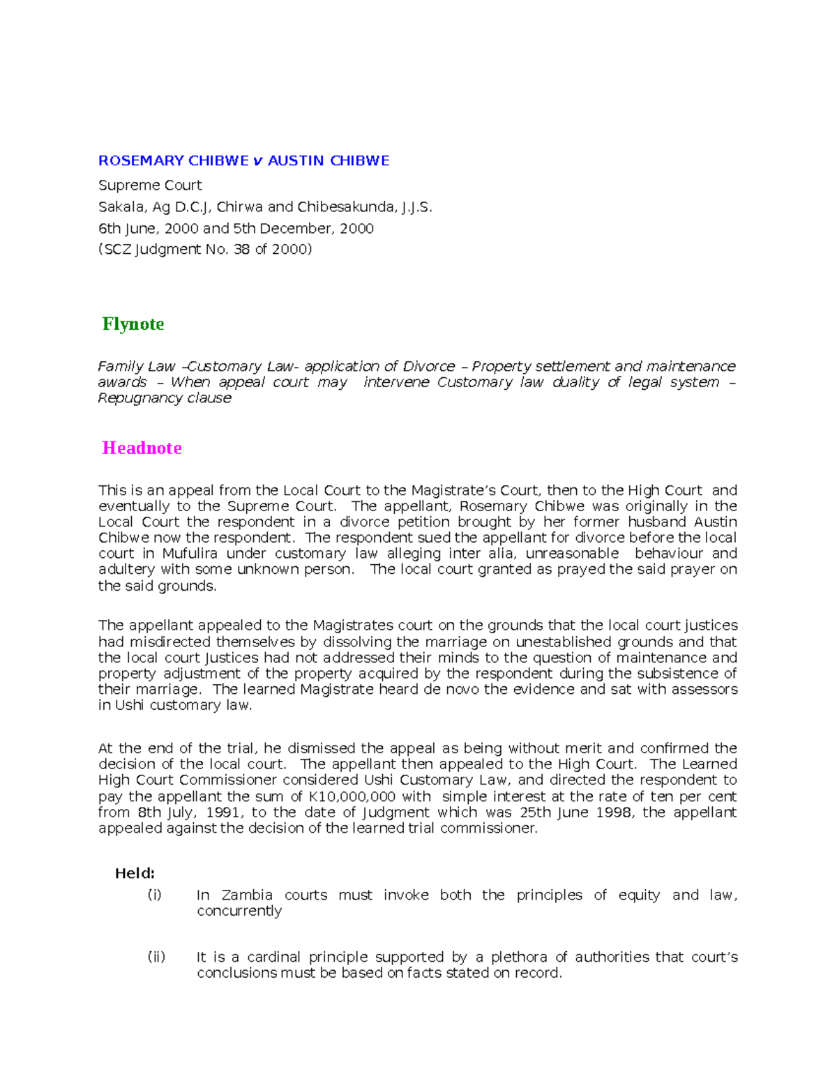 Chibwe v Chibwe (SCZ 38 of 2000) - Appeal on Divorce and Property ...