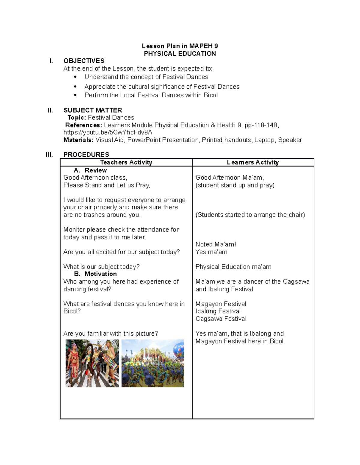 LP in PE 9 - Lesson Plan on Festival Dances in Physical Education - Studocu