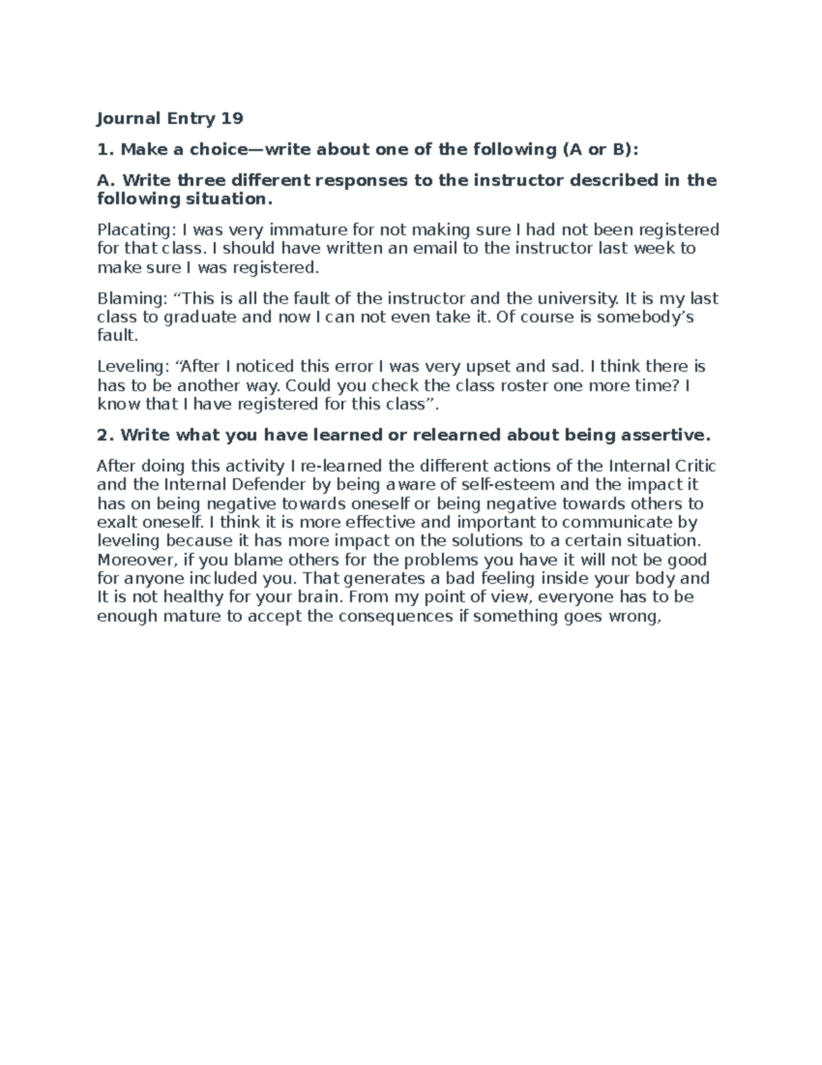 Journal Entry 19: Exploring Assertiveness Strategies - Studocu