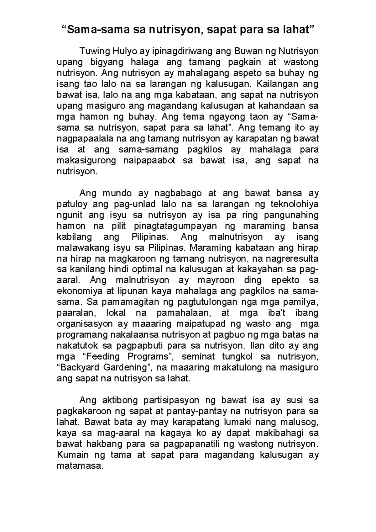 SA Nutrisyon: Sapat para sa Buwan ng Nutrisyon 2023 - Studocu