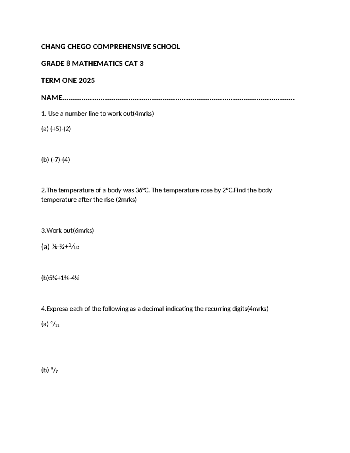 CHANG CHEGO GRADE 8 MATH CAT 3 TERM 1 2025 QUESTIONS - Studocu
