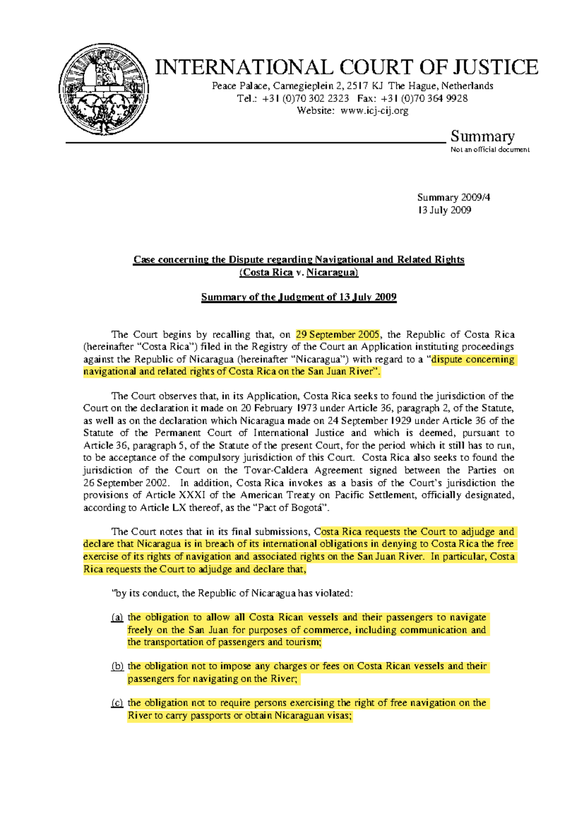 Summary of the ICJ Judgment: Costa Rica v. Nicaragua (2009) - Studocu