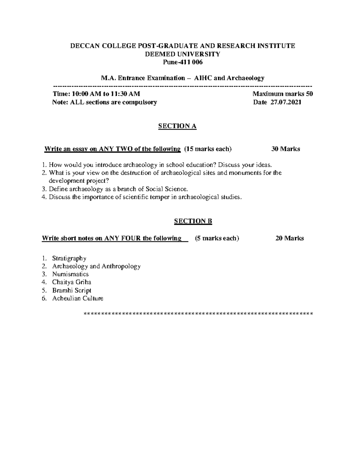 MA Entrance Exam 2021 - AIHC & Archaeology - DECCAN COLLEGE POST ...