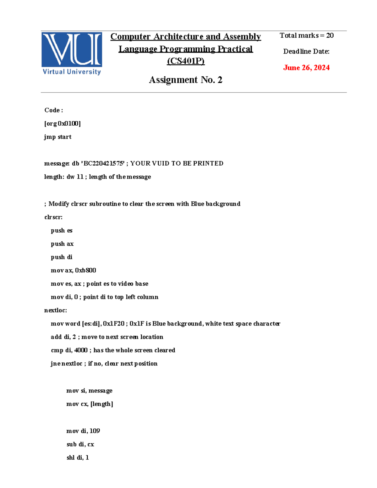 CS401P Assignment 2 - Assembly Programming and Code Logic - Studocu