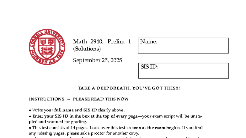MATH 2940 Prelim 1 Solutions - Fall 2025 - Studocu