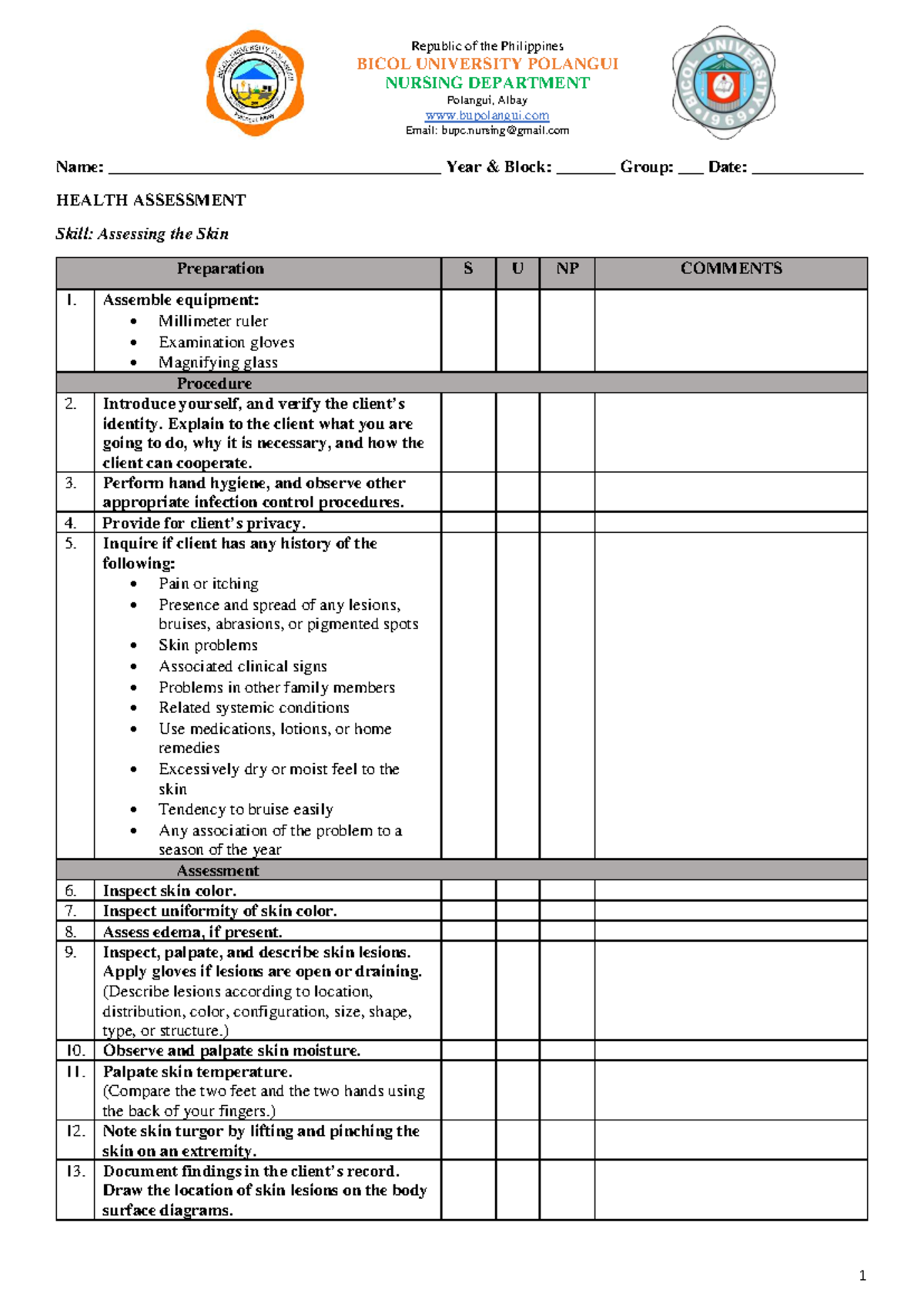 BICOL UNIVERSITY NURSING DEPT: Health Assessment Checklist for Skin ...