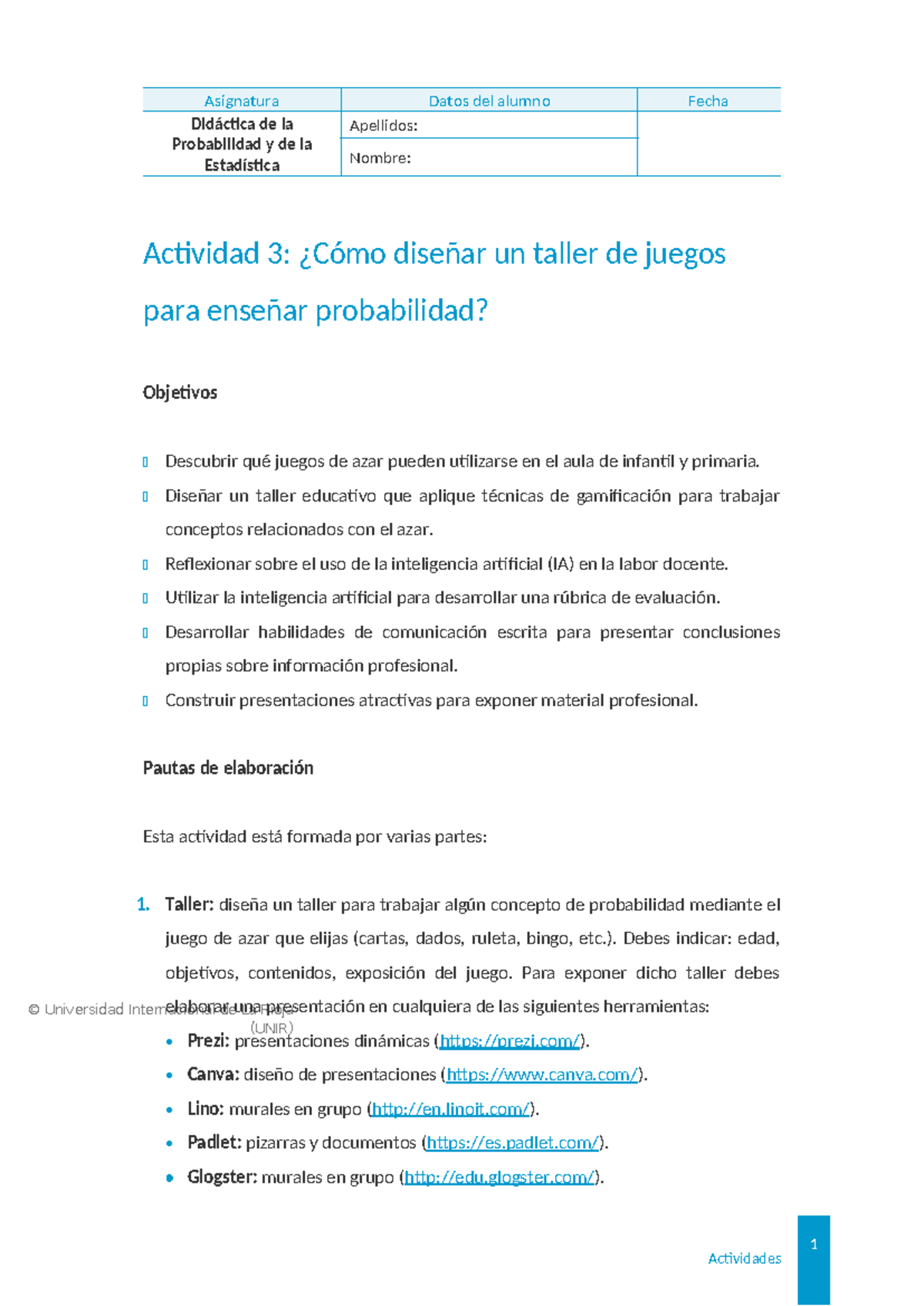 Taller de Juegos de Azar para Enseñar Probabilidad - UNIR - Studocu