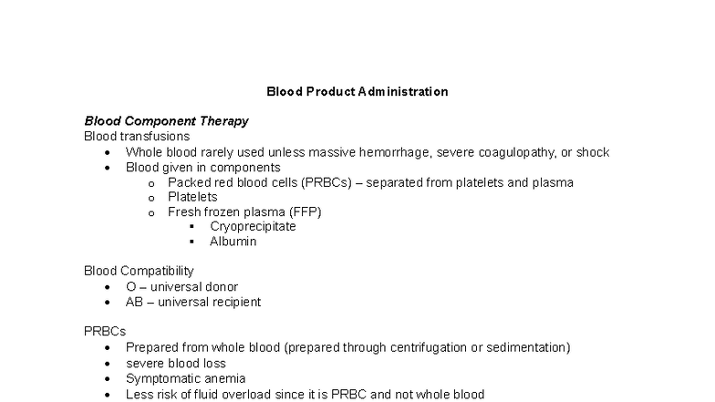 Blood Product Administration: Key Concepts and Procedures - Studocu
