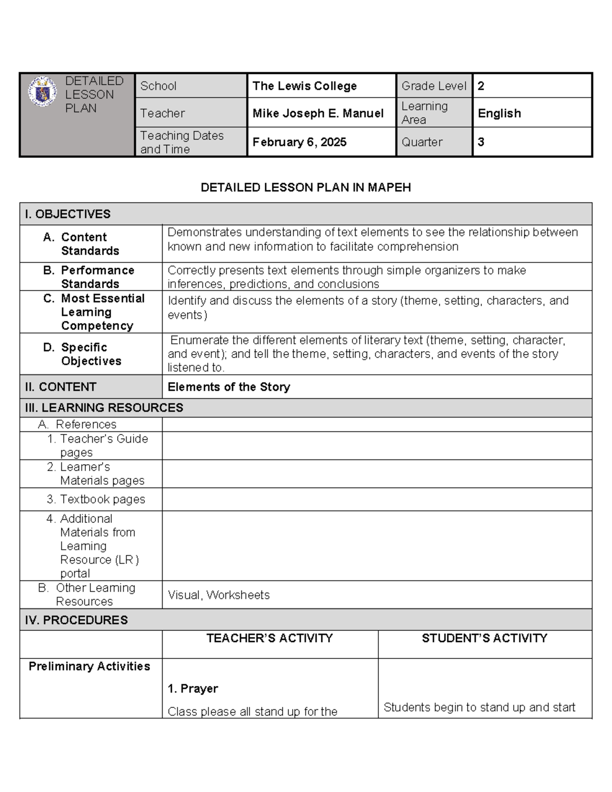 Final DLP in English 2 - activity sheets - DETAILED LESSON PLAN School ...