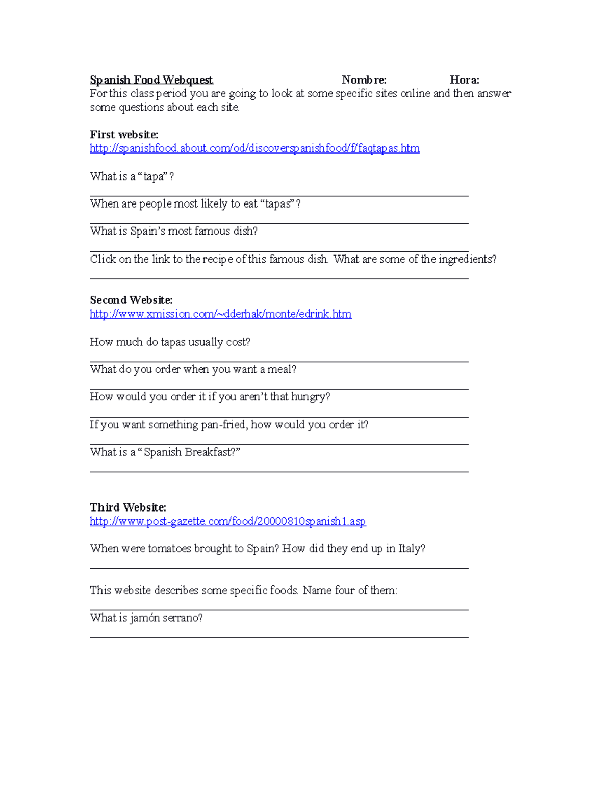 Spanish-food-webquest 2 - Spanish Food Webquest Nombre: Hora: For this ...