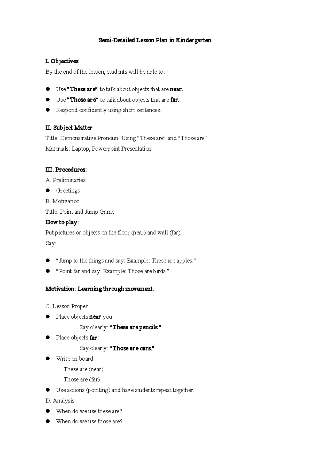 Semi-Detailed Lesson Plan for Kindergarten I: Demonstrative Pronouns ...