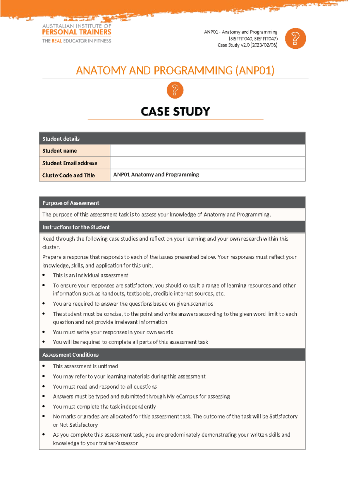 ANP01 - Case Study: Anatomy & Programming Assessment (FIT) - Studocu