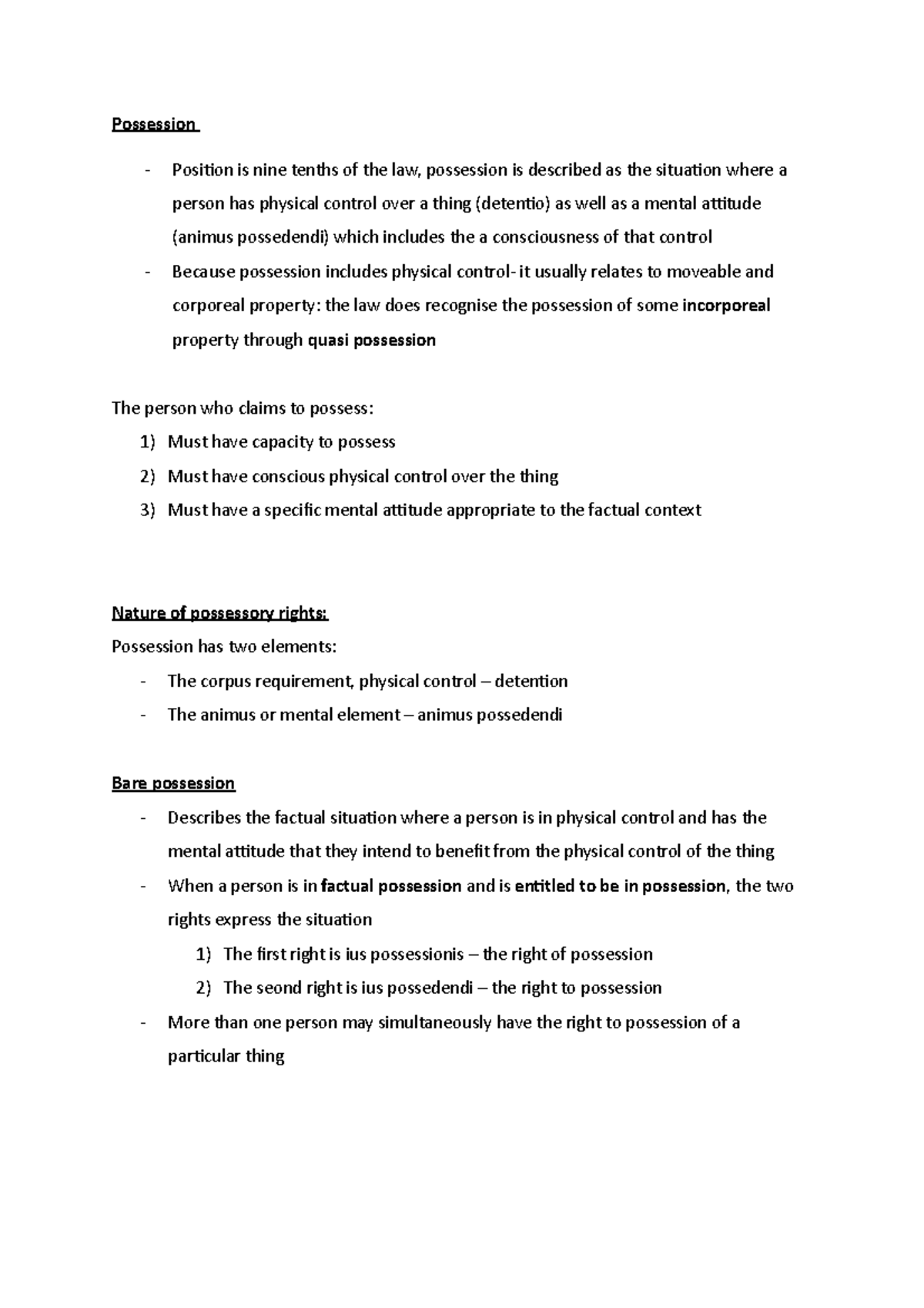 Possession Law Notes (Course Code: LAW101) - Key Concepts and Cases ...